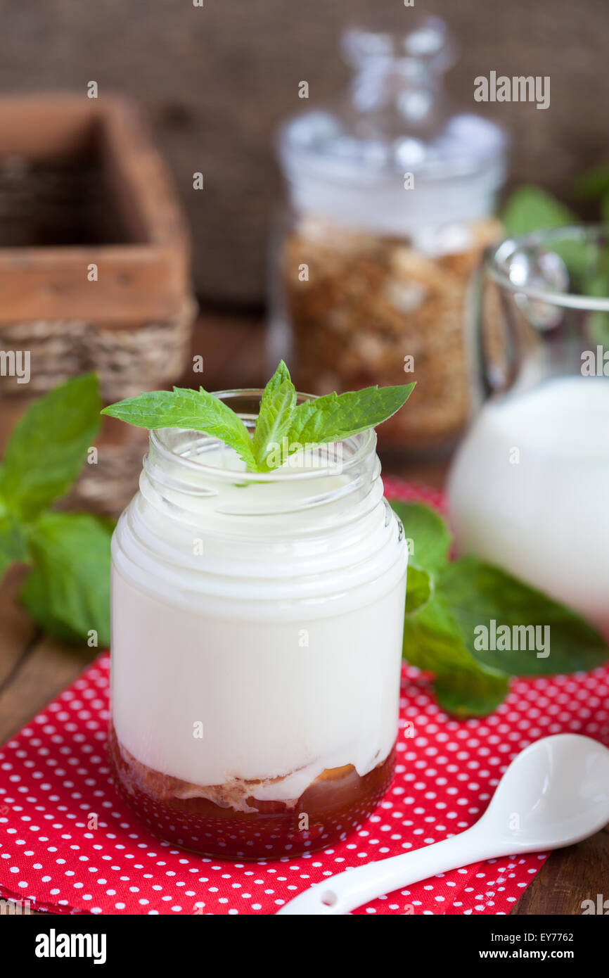 Breakfast: homemade yogurt with jam, granola and a jar with milk on a ...