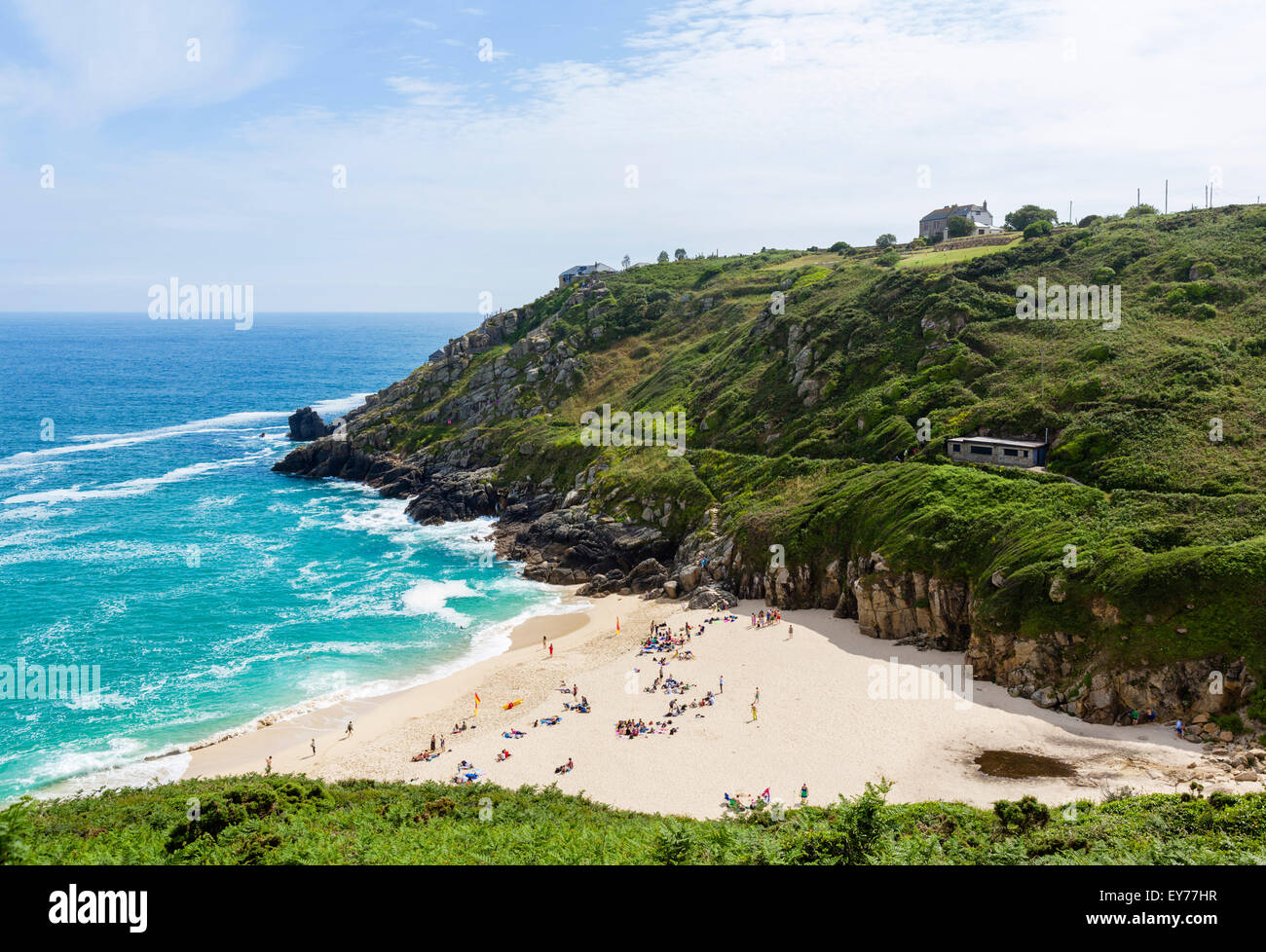 Beach at Porthcurno looking towards the headland housing the Minack ...