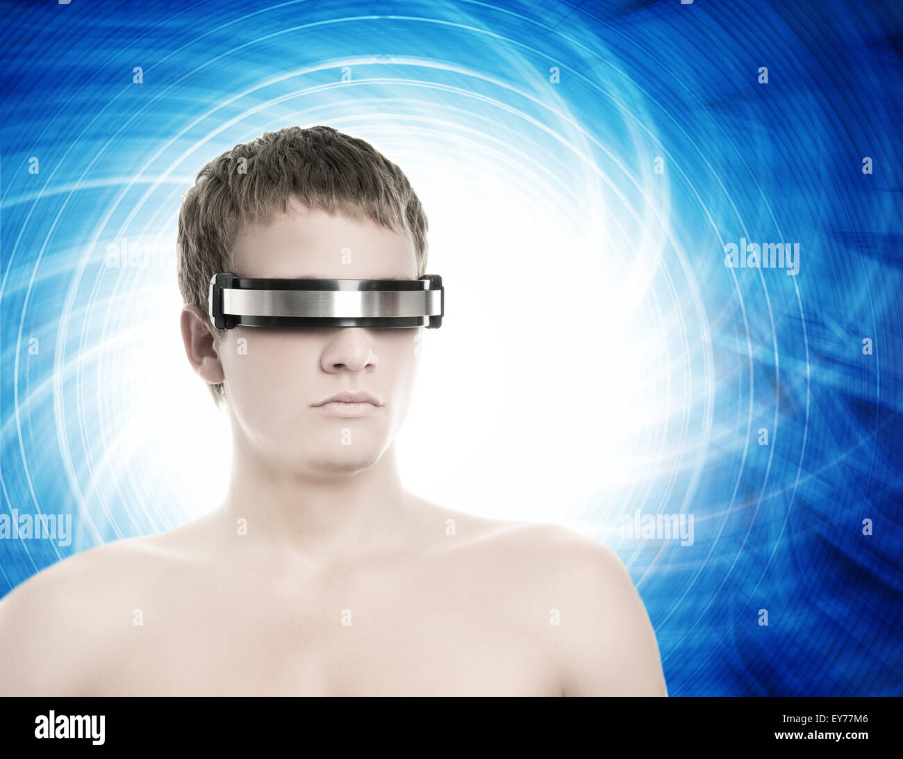 Handsome cyber man over abstract blue background Stock Photo - Alamy