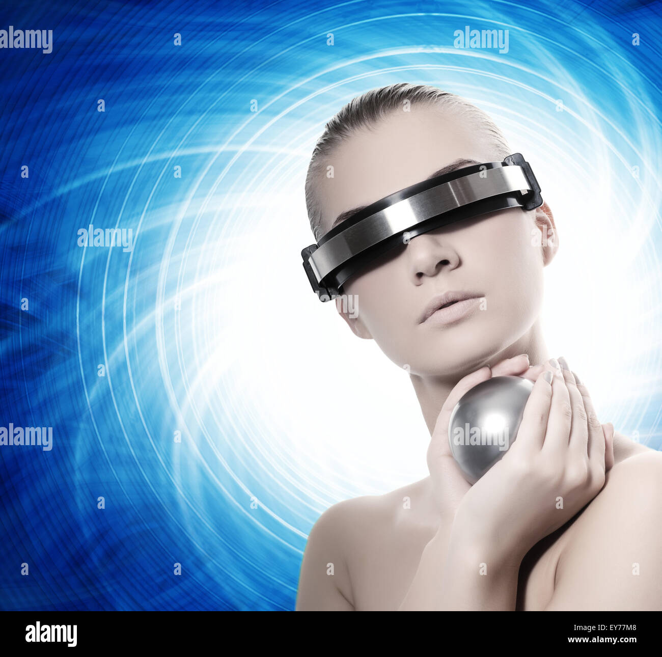 Beautiful cyber woman isolated over abstract blue background Stock ...