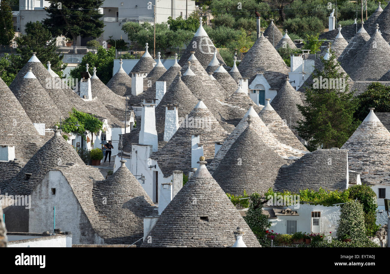 The typical conical stone roofs of trulli houses at Alberobello, Puglia ...