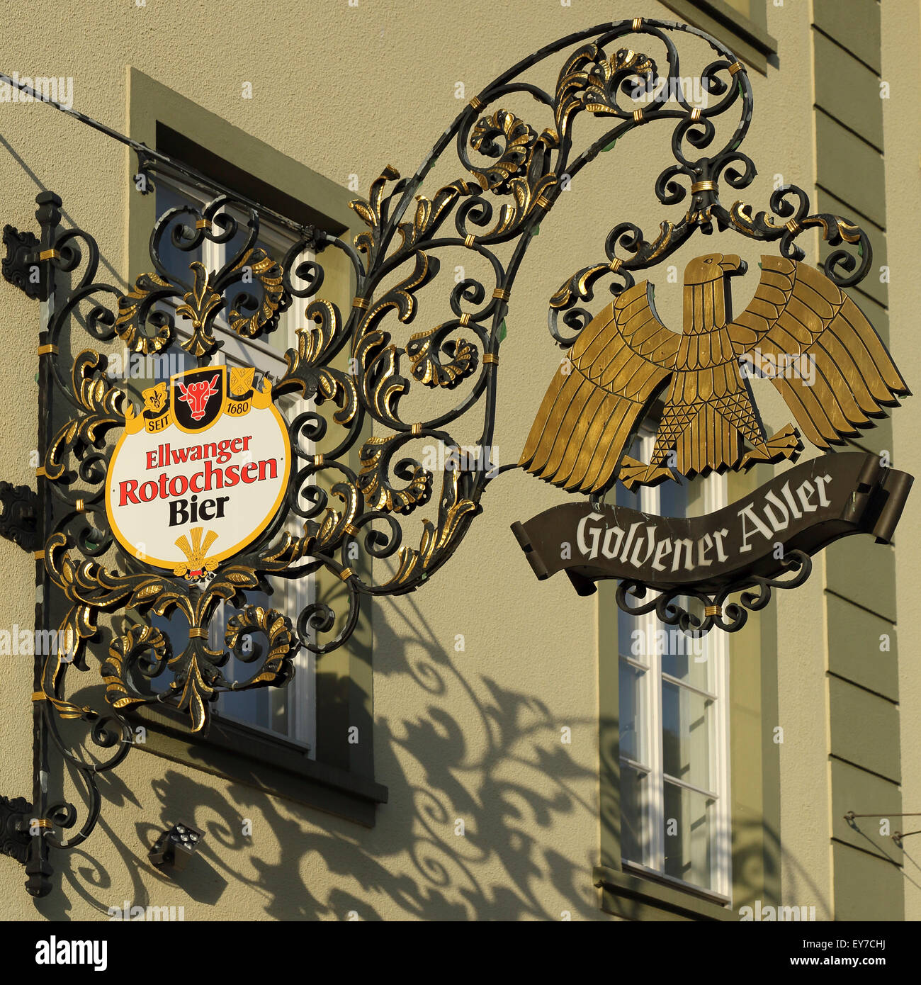 Wrought iron sign for the Goldener Adler pub-restaurant in Ellwangen an ...