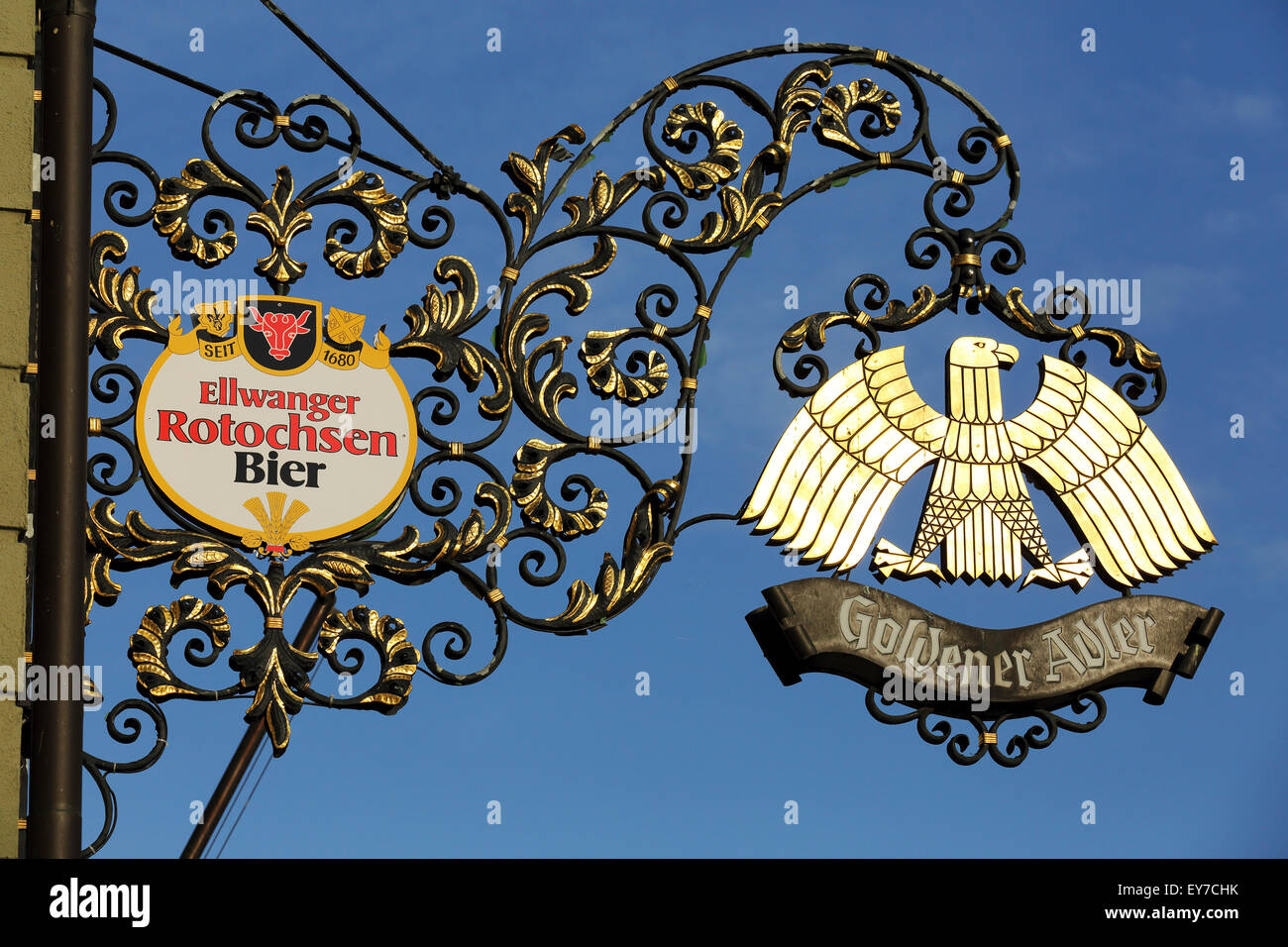 Wrought iron sign for the Goldener Adler pub-restaurant in Ellwangen an ...