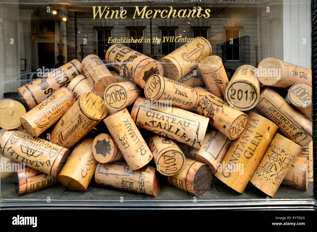London, England, UK. Huge corks in the window of a wine merchant, Berry ...