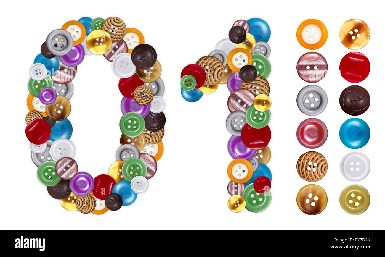 Numbers 0 and 1 made of clothing buttons. Standalone design elements ...