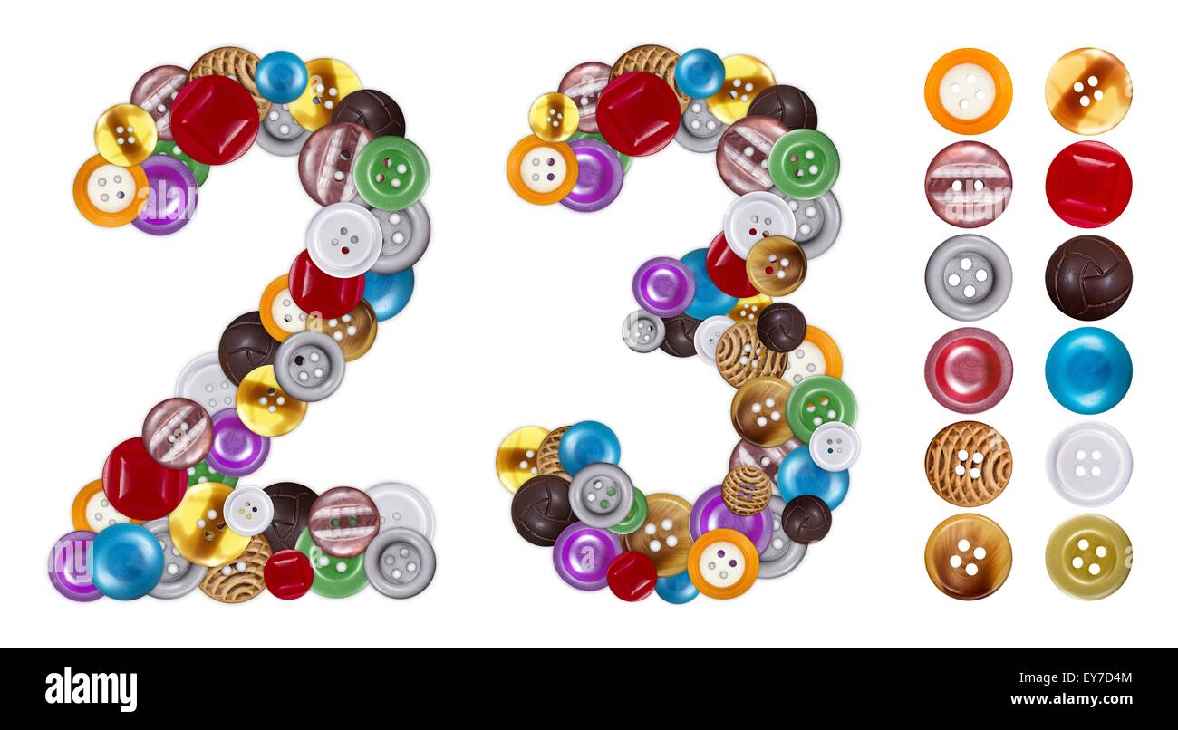 Numbers 2 and 3 made of clothing buttons. Standalone design elements ...