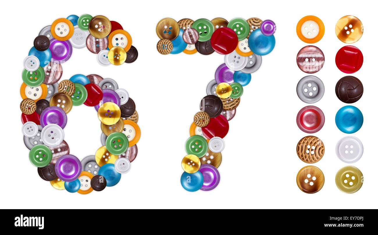 Numbers 6 and 7 made of clothing buttons. Standalone design elements ...