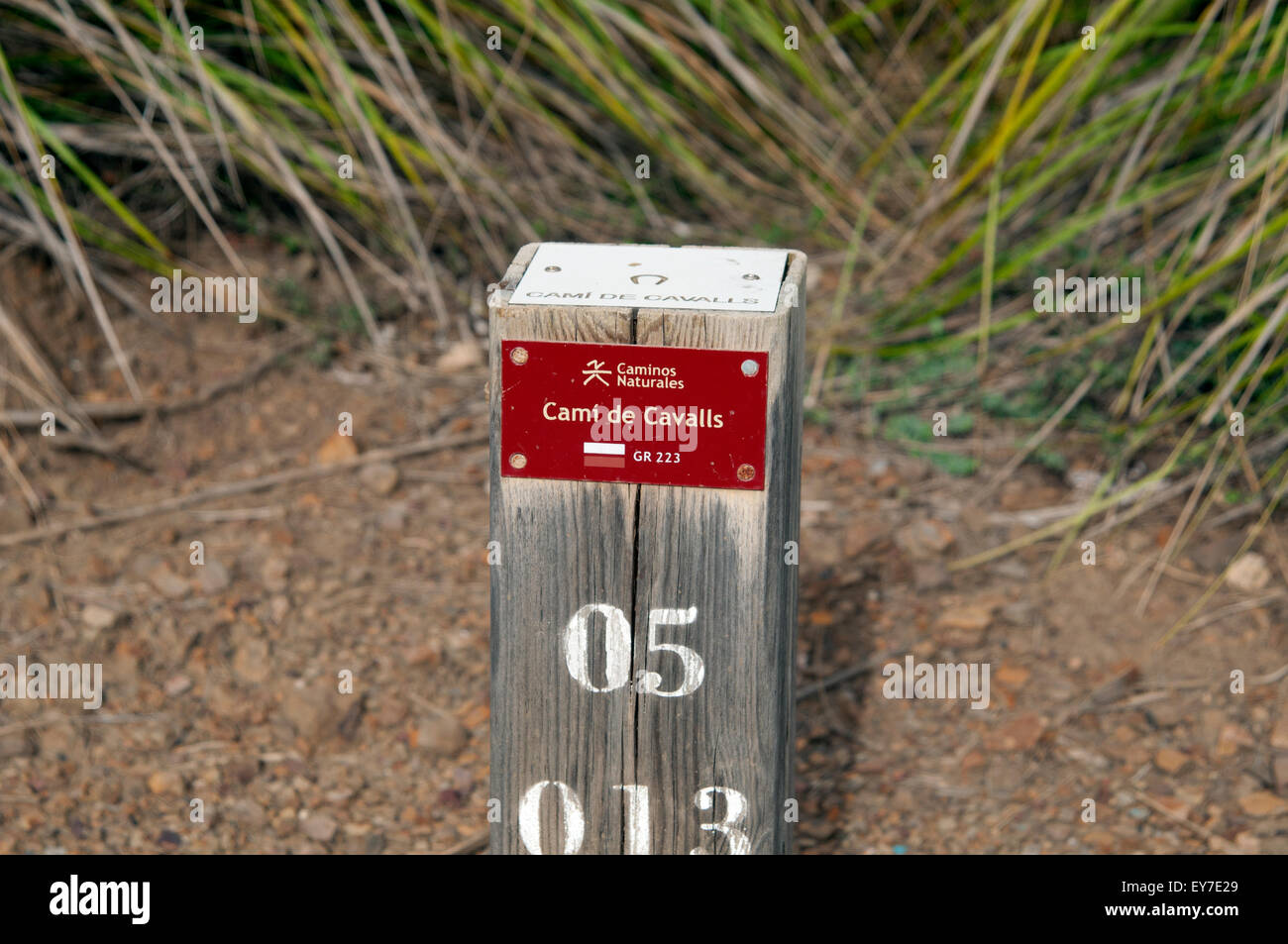 A wooden marker post on the Cami de Cavalls bridal path on the island ...