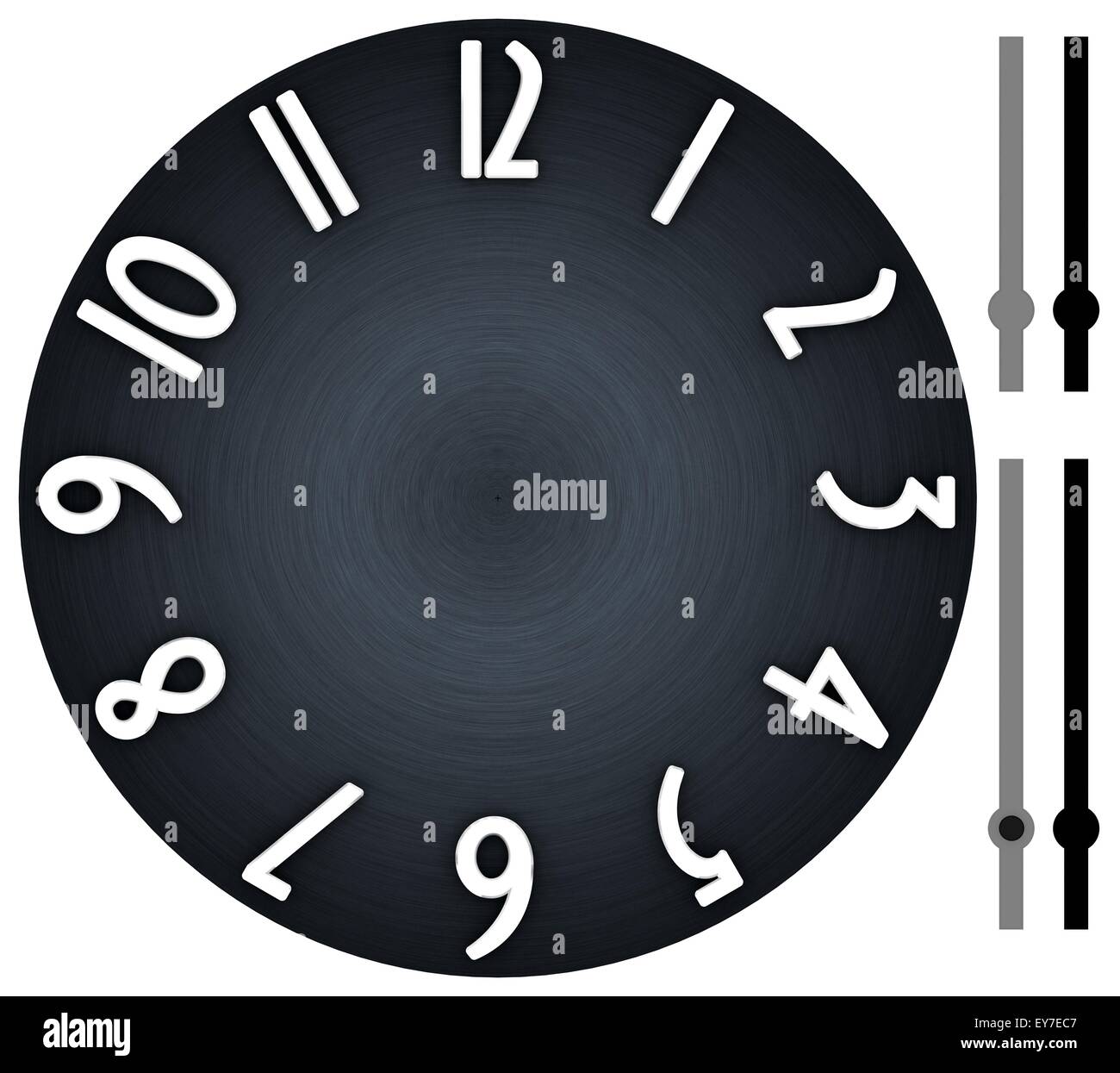 Modern elegant clock with stylized numbers, dark blue, brushed metallic ...