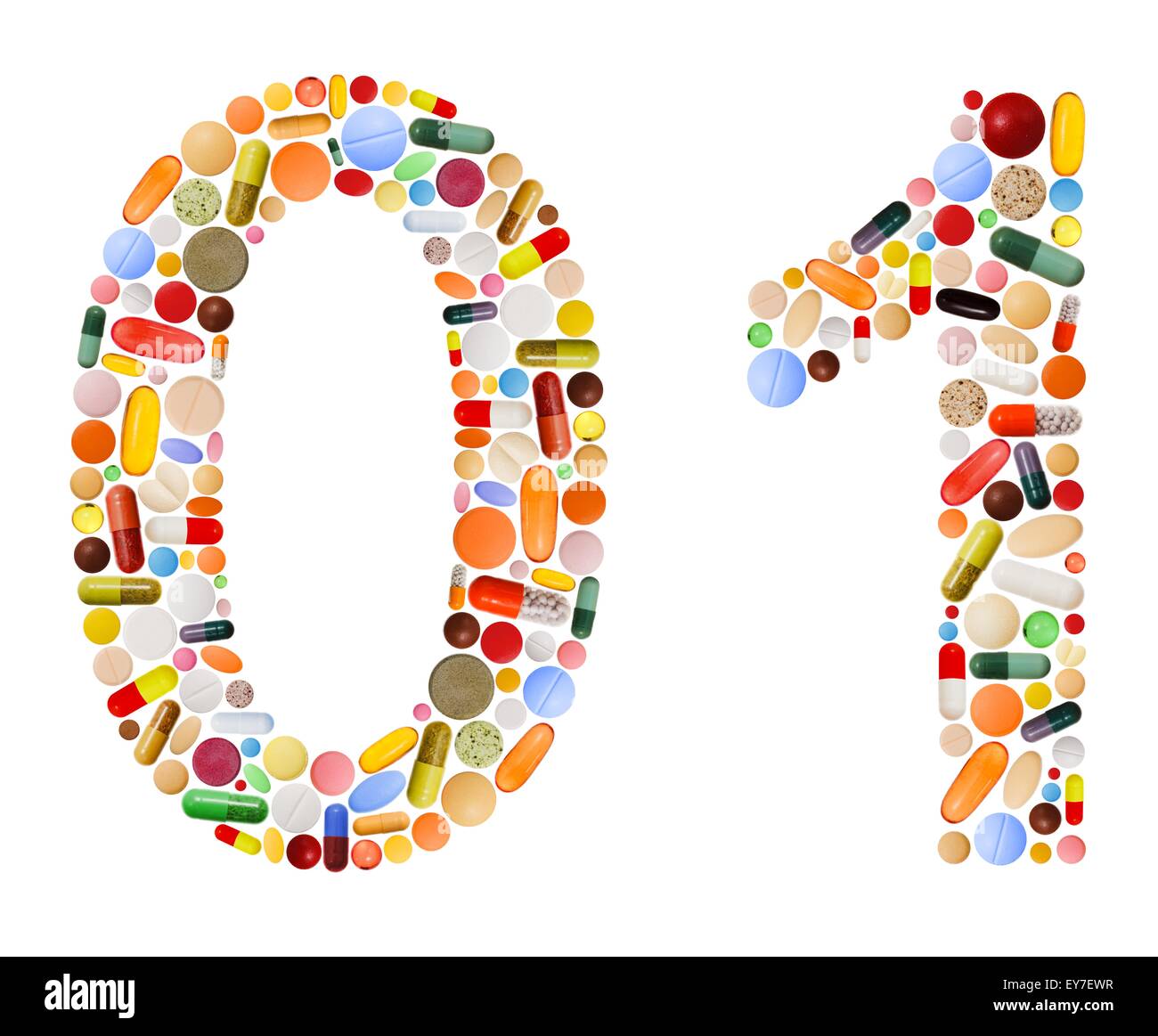Numbers 0 and 1 made of various colorful pills, capsules and tablets ...