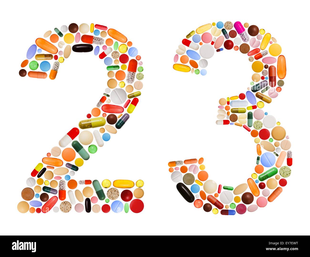 Numbers 2 and 3 made of various colorful pills, capsules and tablets ...