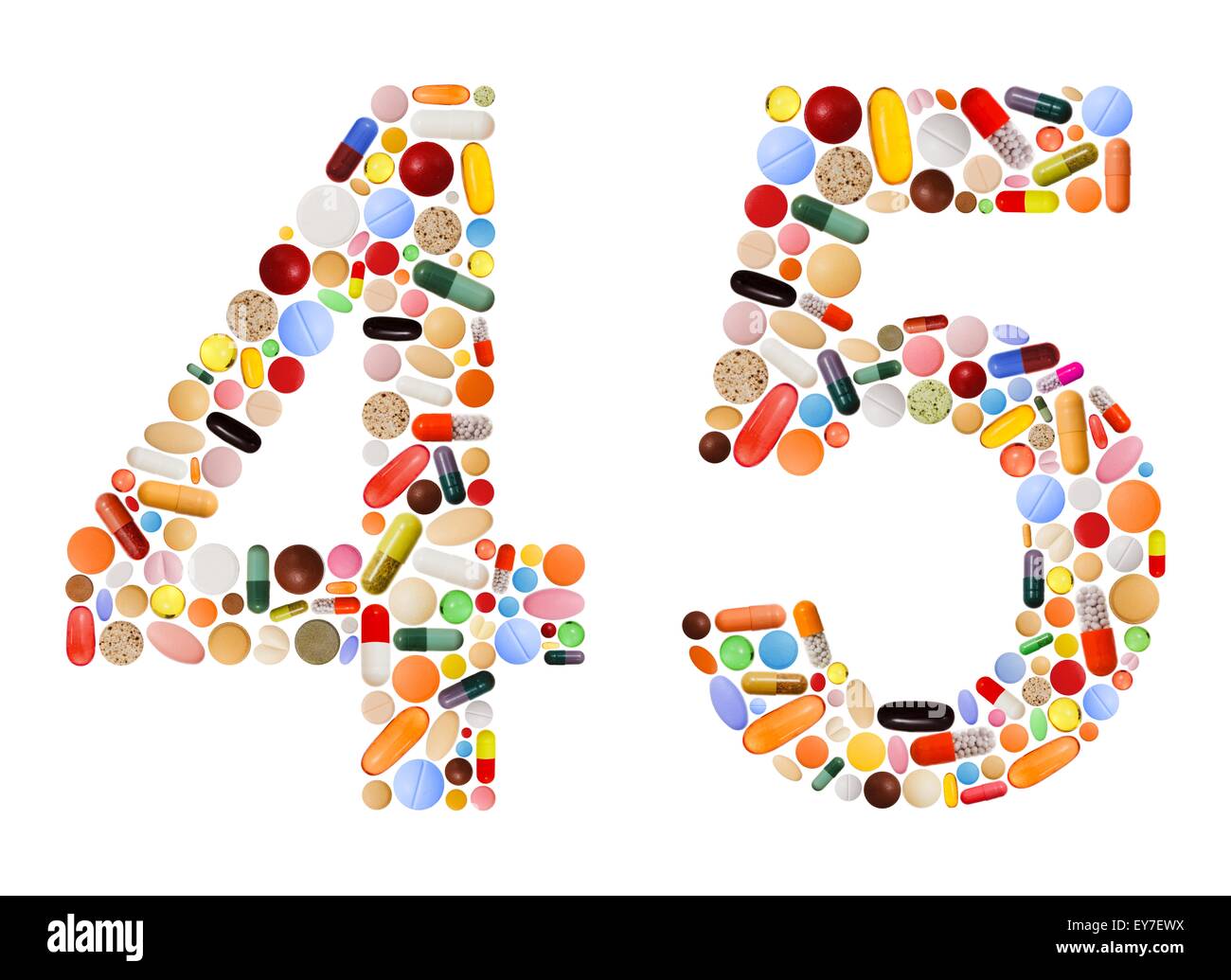 Numbers 4 and 5 made of various colorful pills, capsules and tablets ...
