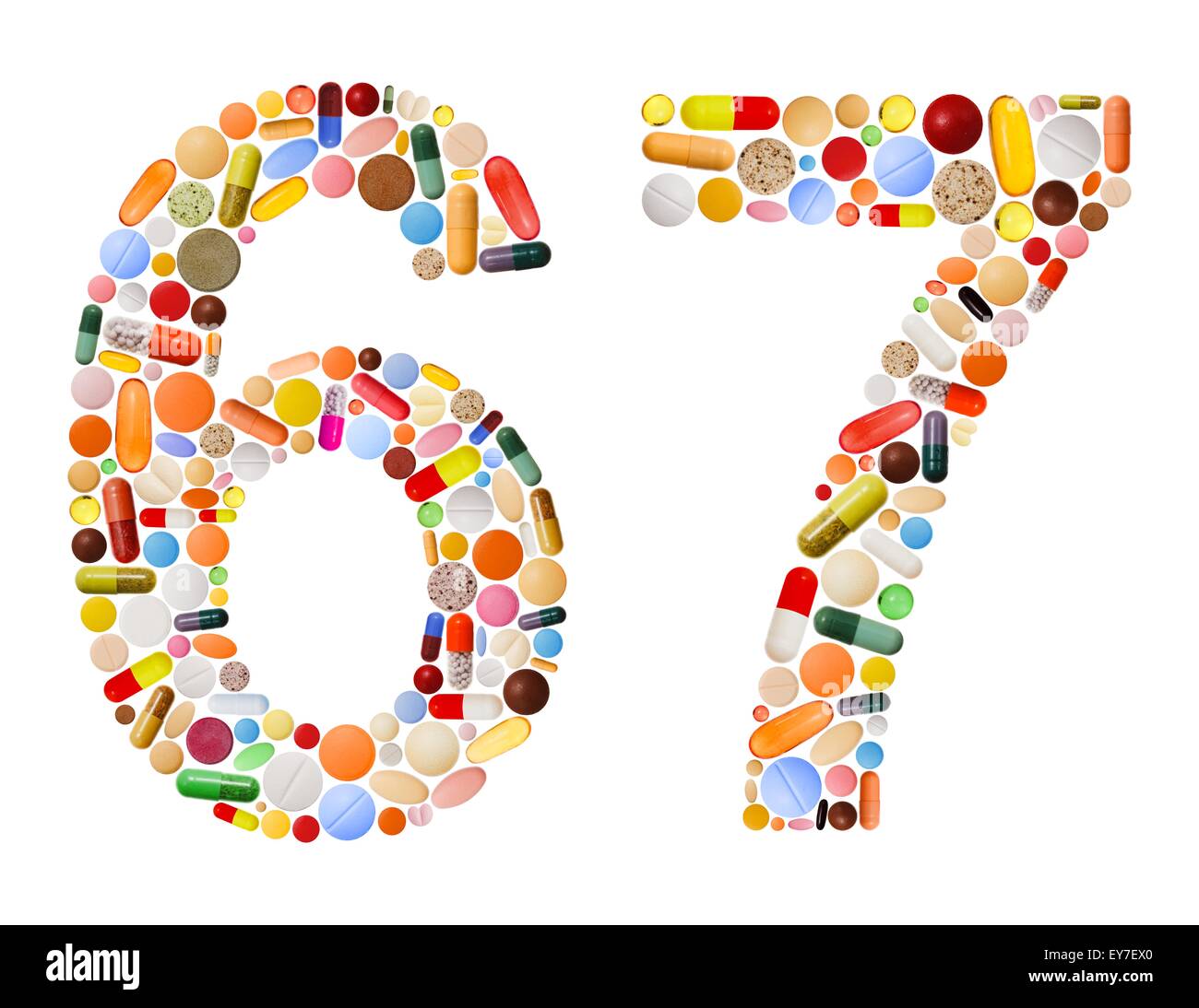 Numbers 6 and 7 made of various colorful pills, capsules and tablets ...