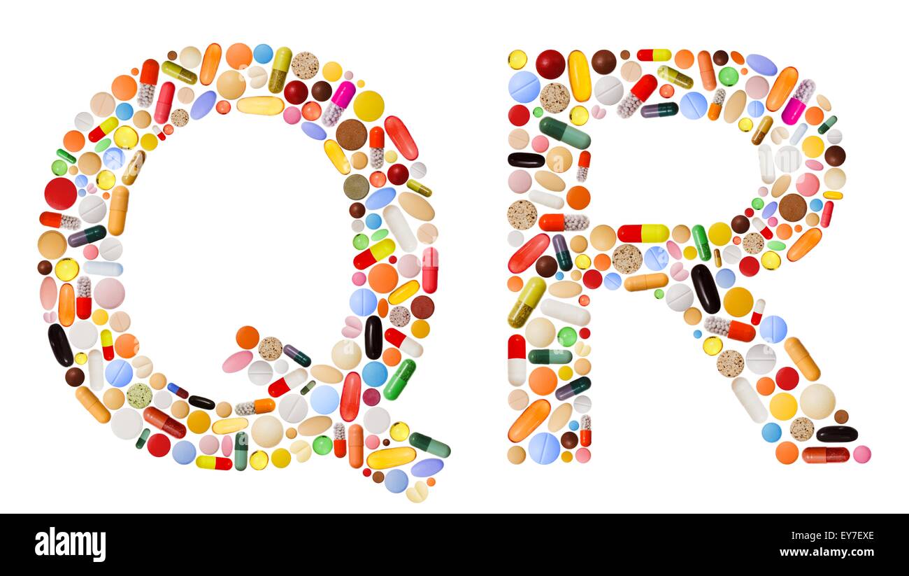 Characters Q and R made of various colorful pills, capsules and tablets ...