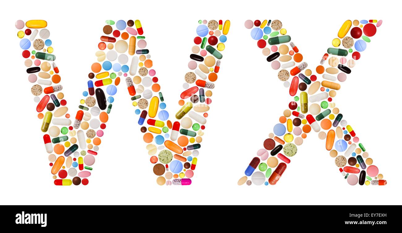 Characters W and X made of various colorful pills, capsules and tablets ...