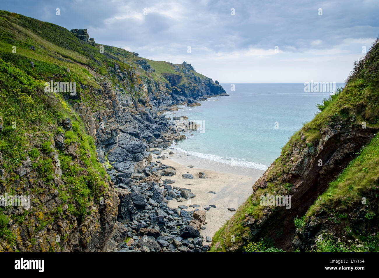The beach in a hidden cove at Housel Bay, Cornwall, Lizard Peninsula ...