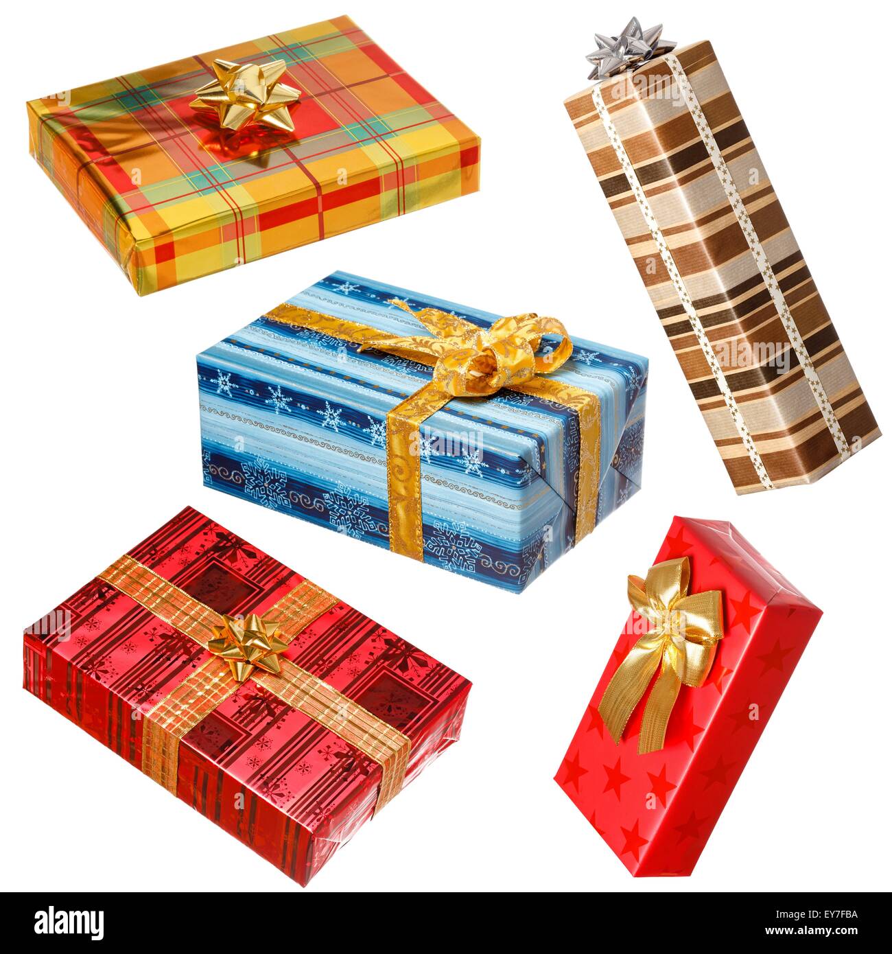 Various gifts isolated on white. Boxes wrapped with colorful paper, bow ...