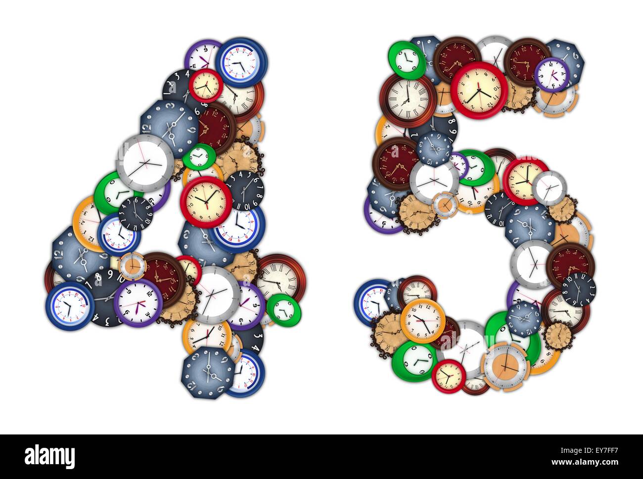Numbers 4 and 5 made of various clocks Stock Photo - Alamy
