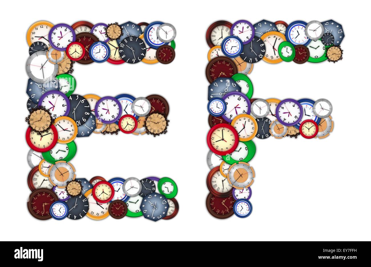 Characters E and F made of various clocks Stock Photo - Alamy