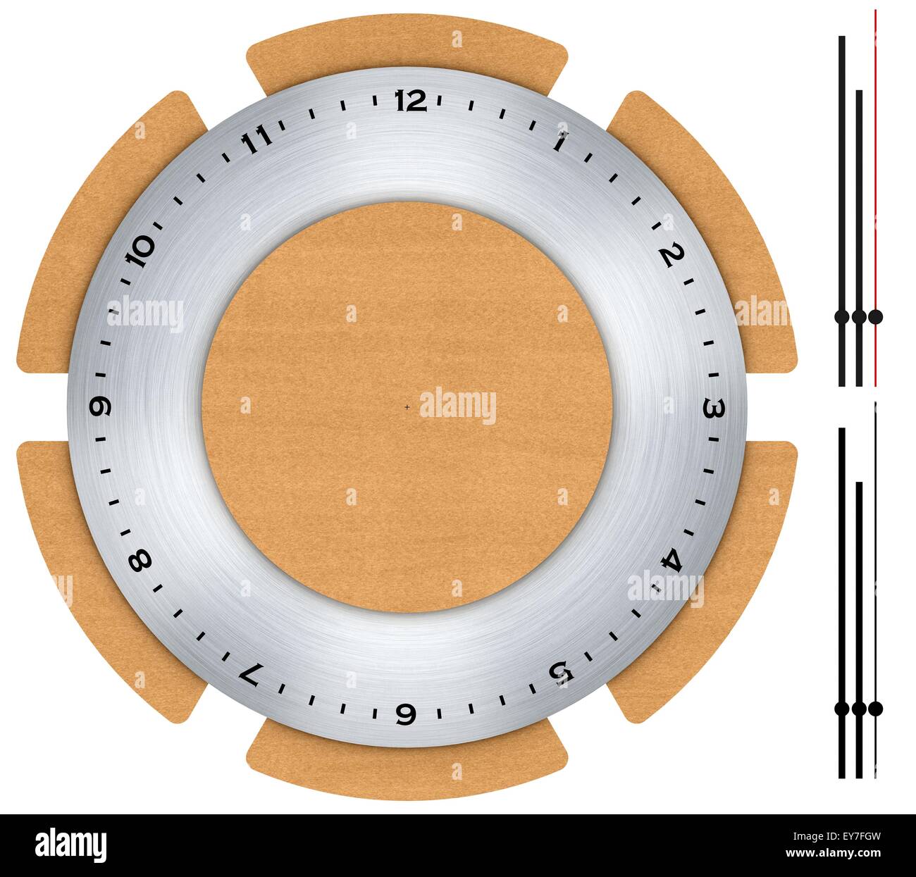 Layered clock made from combination of wood and brushed metal. Hands ...