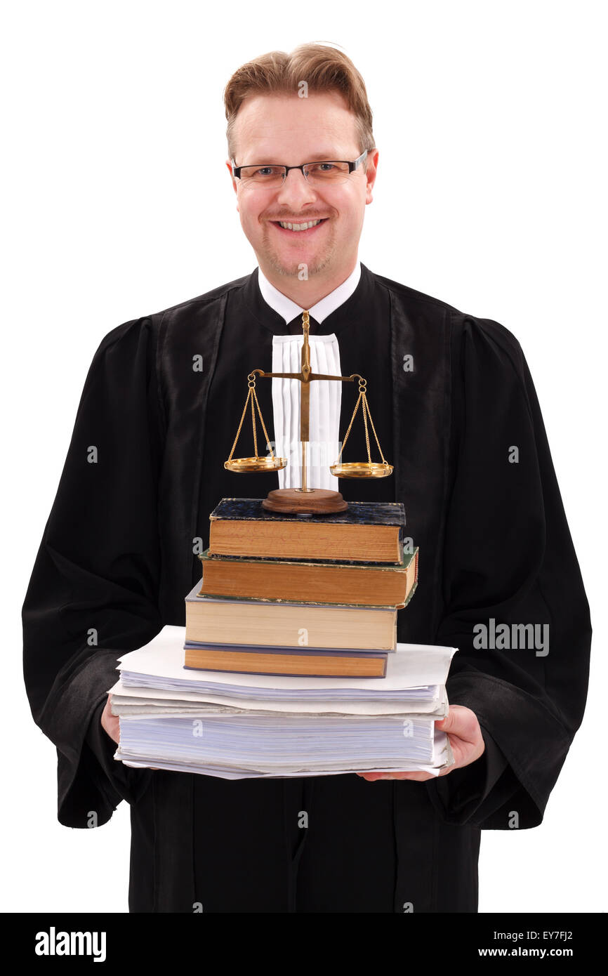 Happy judge holding justice scale, books and paperwork Stock Photo - Alamy