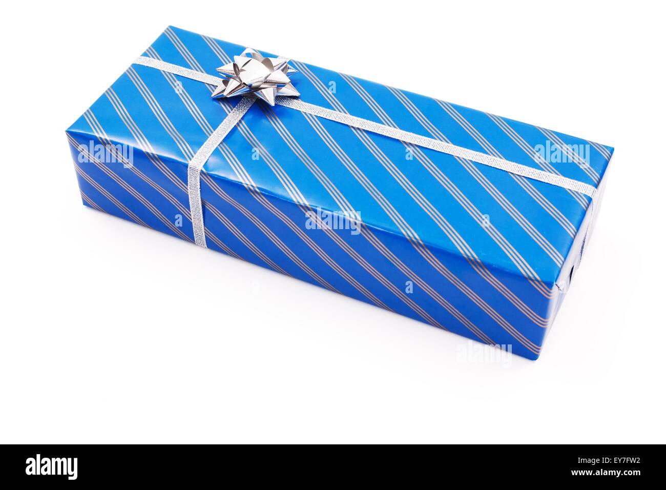 Gift in blue striated paper with silver bow Stock Photo - Alamy