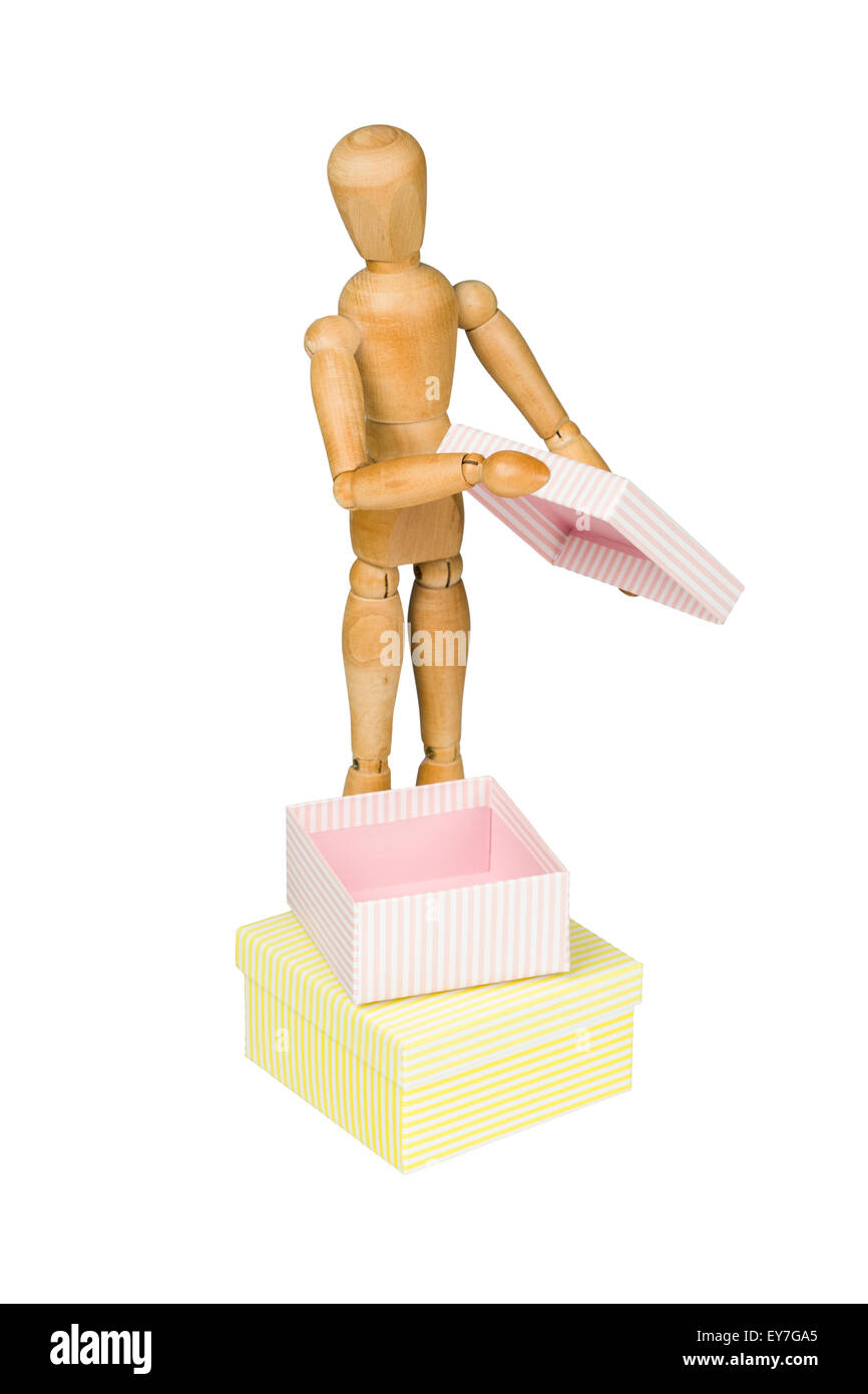 Wooden mannequin with gift box Stock Photo - Alamy