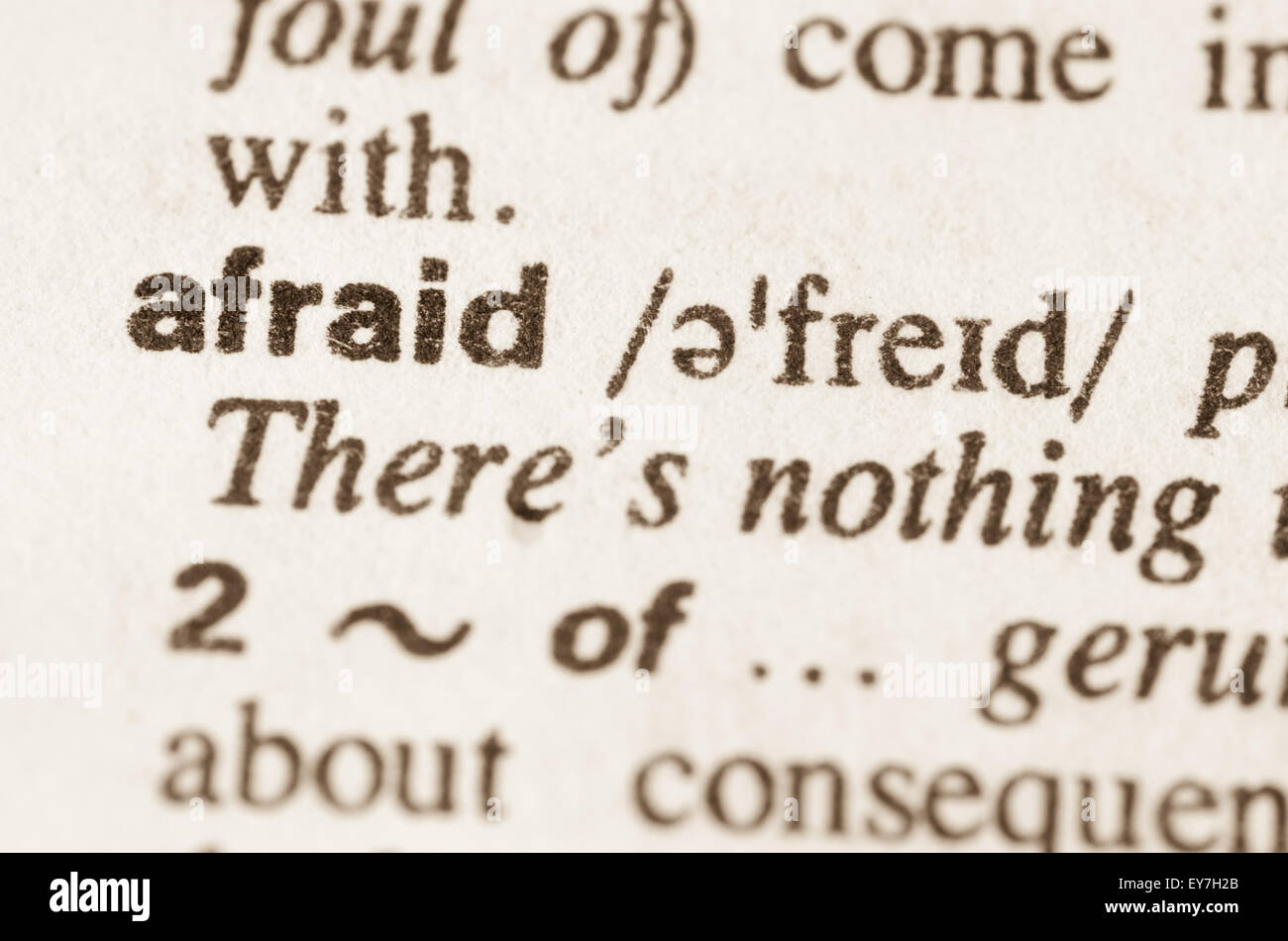 Definition of word afraid in dictionary Stock Photo - Alamy