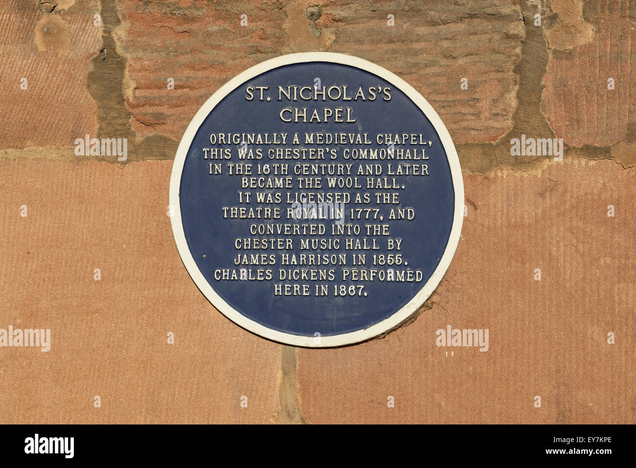 Blue plaque on St Nicholas Chapel in Chester city centre which is now a ...