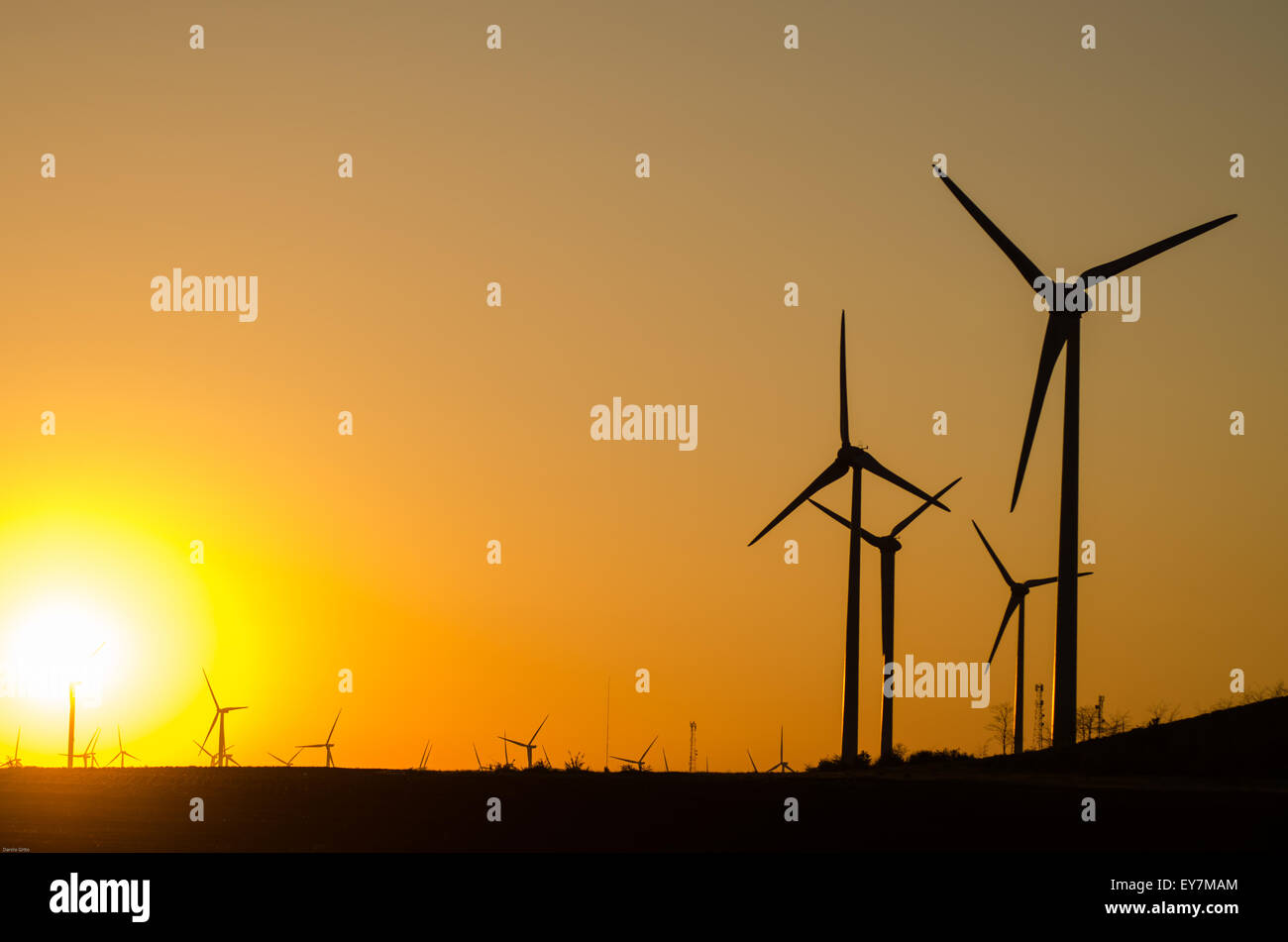 Sunset in Romania Wind turbines spin against a golden sunset sky in a ...