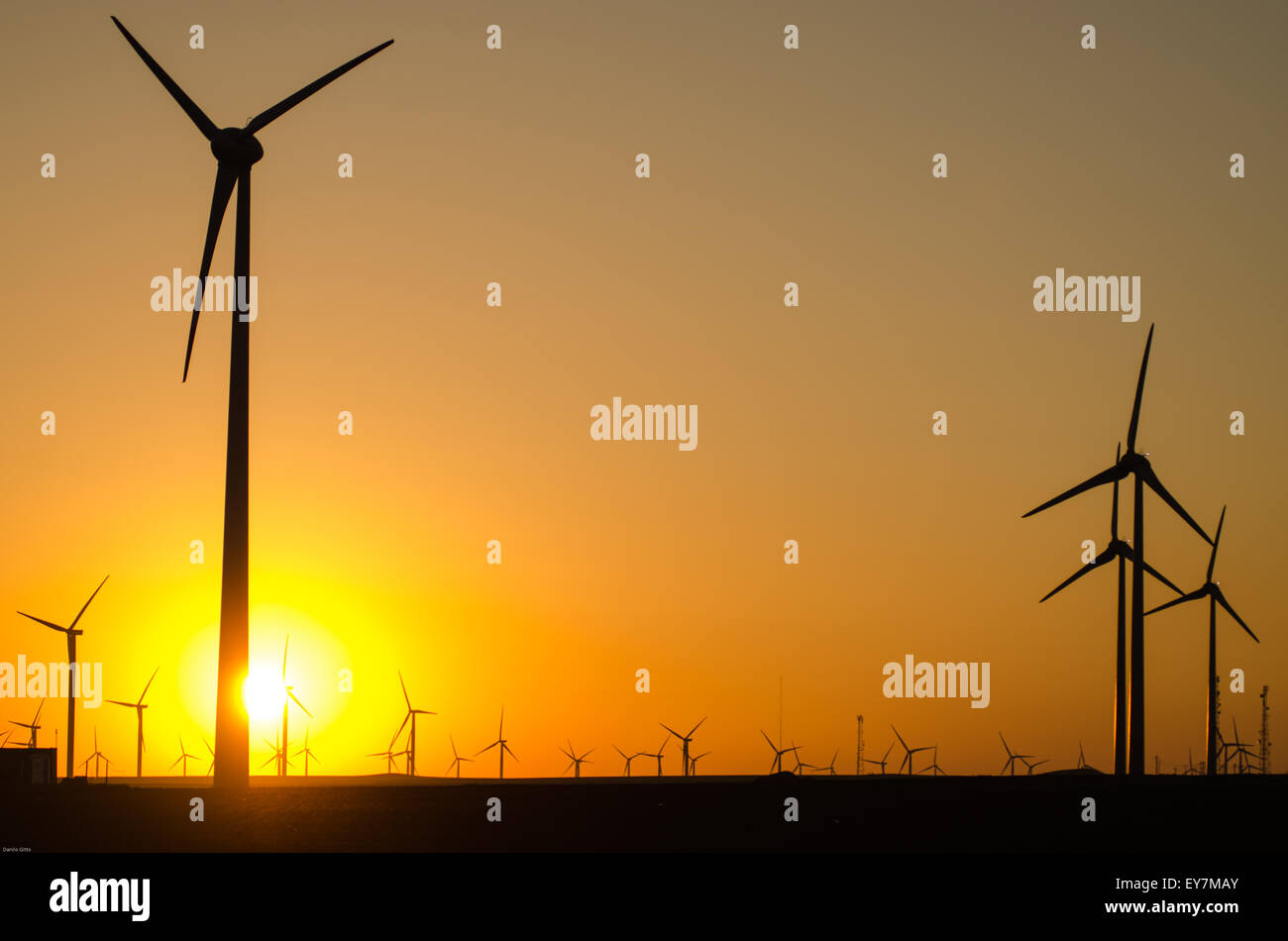 Sunset in Romania Wind turbines spin against a golden sunset sky in a ...