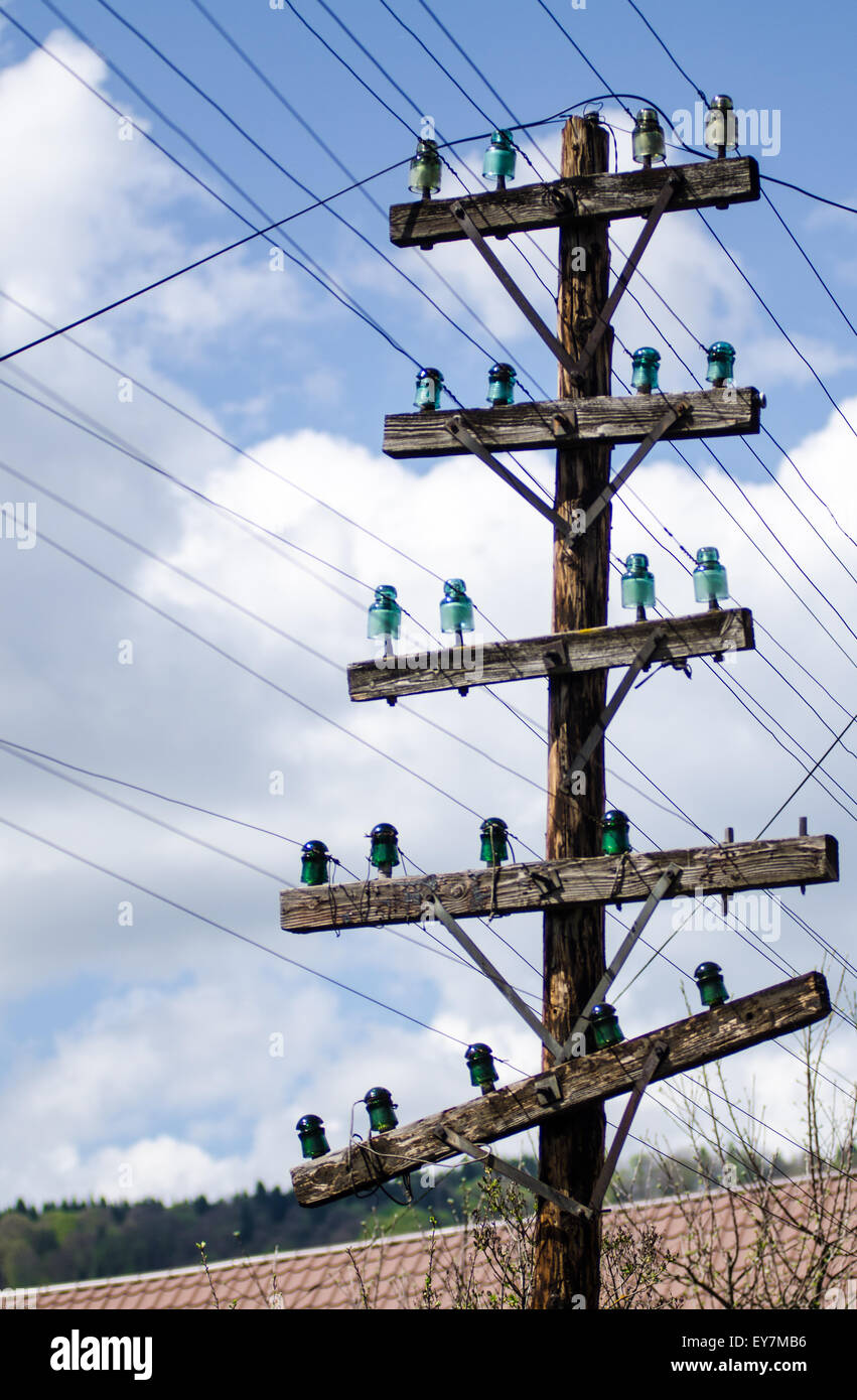 Old Power Pole, Romania Power line structure supports glass insulators ...