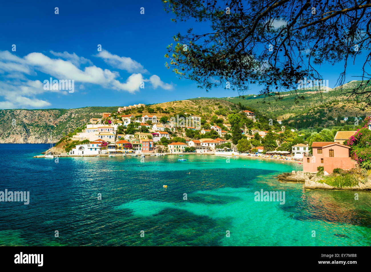Assos On The Island Of Kefalonia In Greece. View of beautiful bay of ...