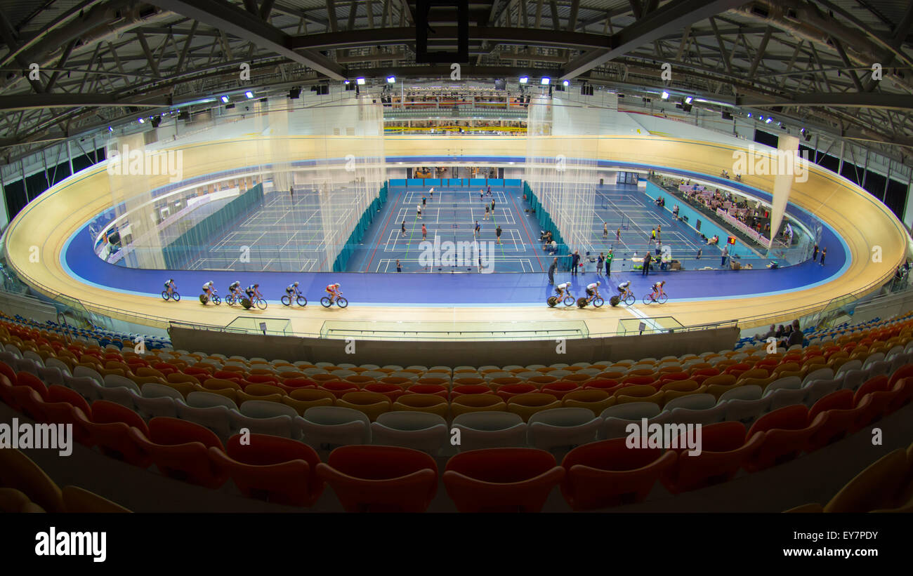 The indoor velodrome at Derby Arena at Derby, UK, viewed from the home ...
