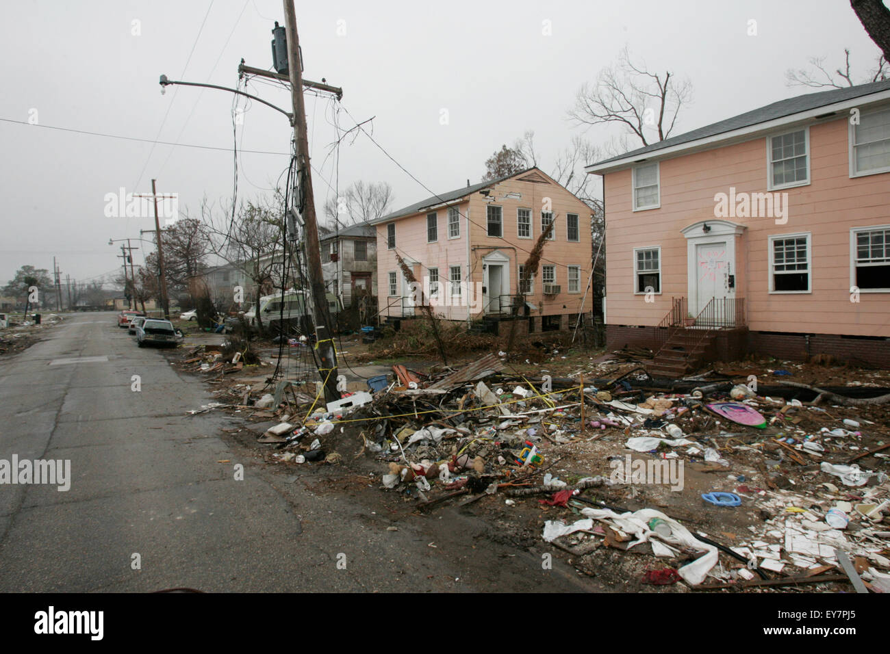 A view of the mess of Hurricane Katrina in a neighborhood in New ...