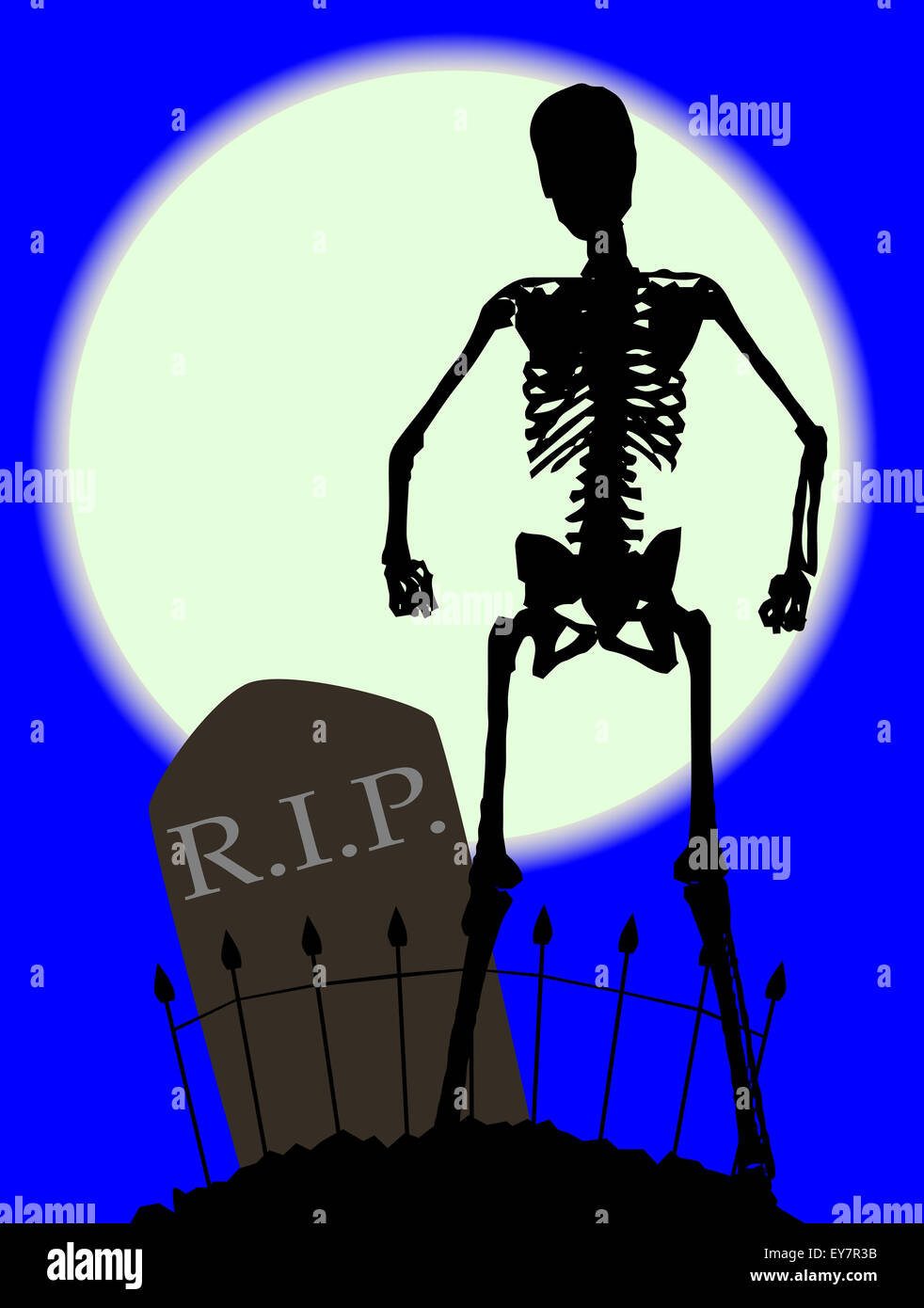 A gravestone and skeleton in a cemetery with fence set against the full ...