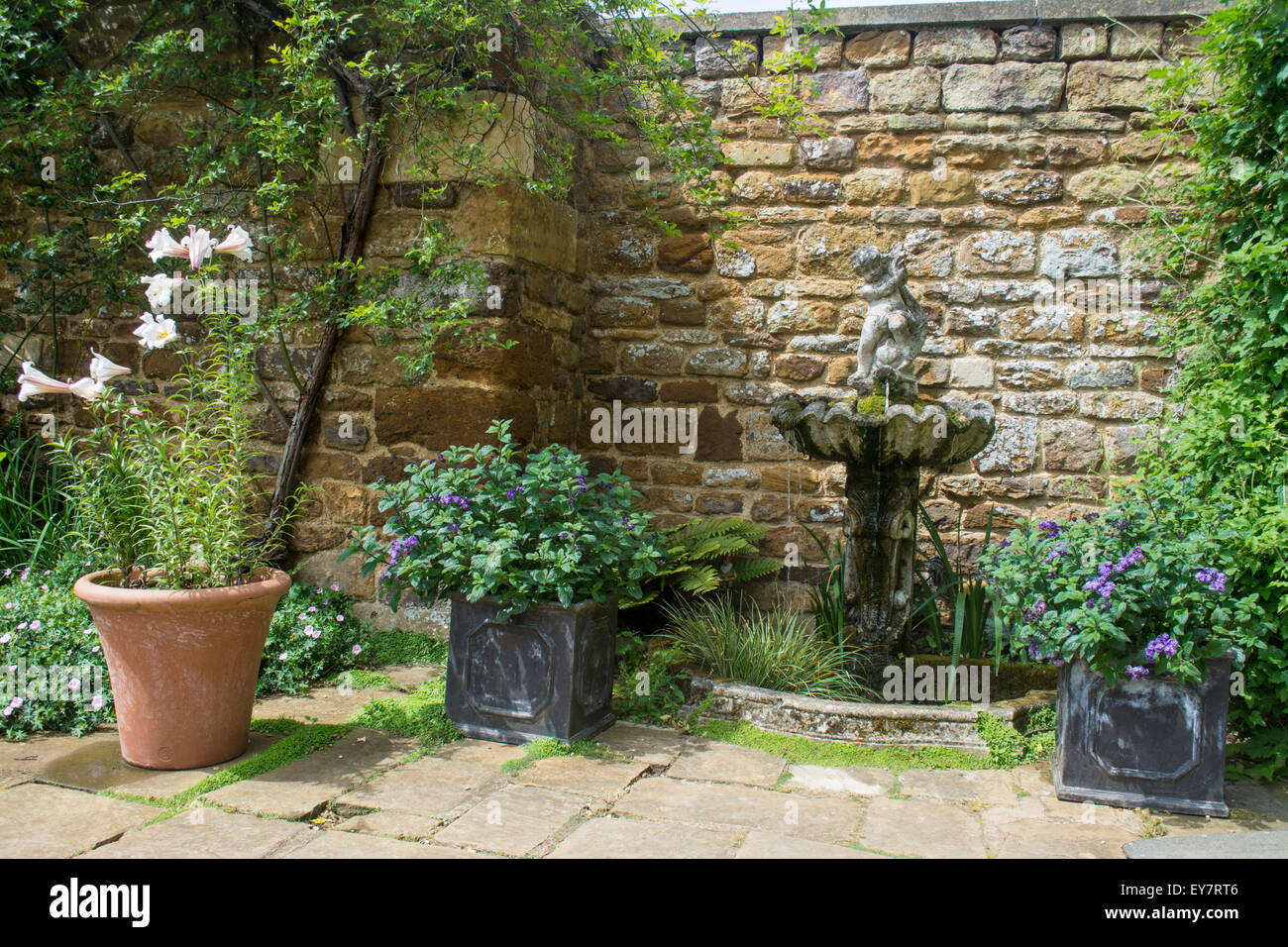 Ornamental water feature and pot plants at Coton Manor Gardens Stock ...