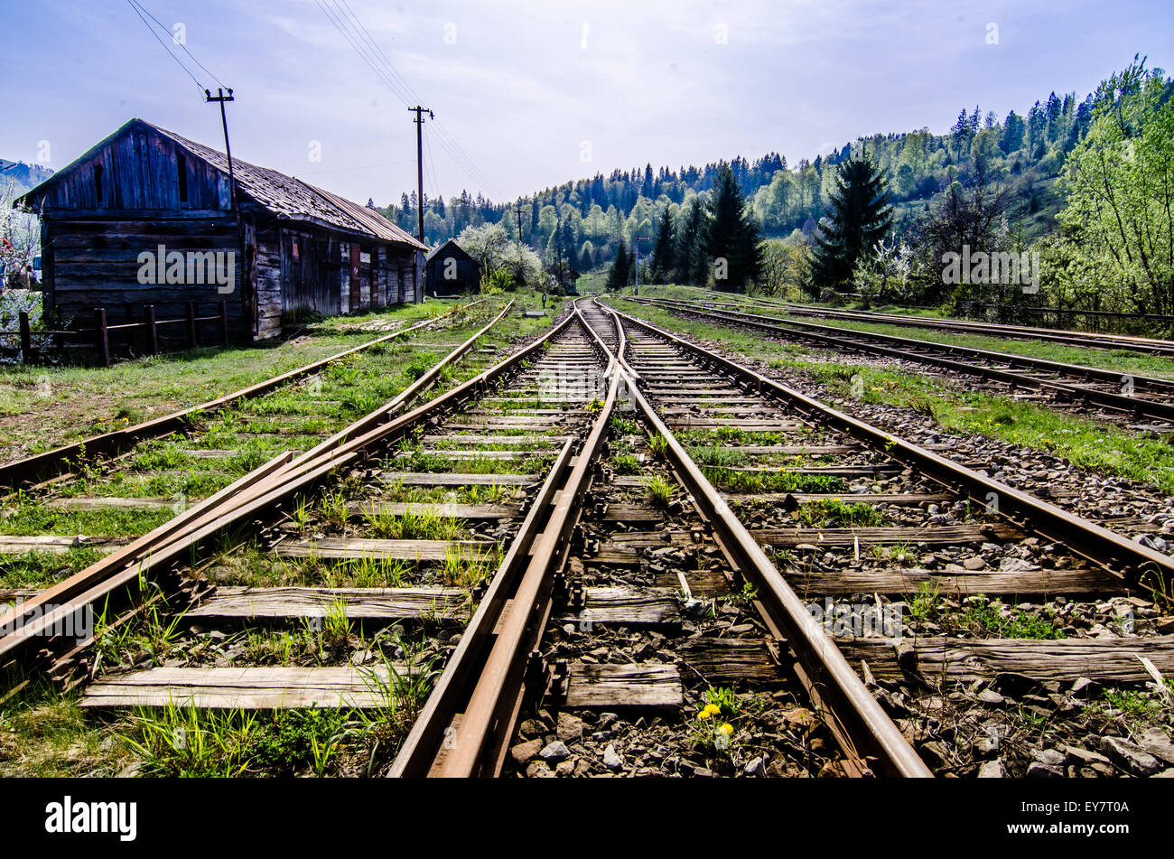 Railways in romanian countryside Old railway tracks diverging near a ...