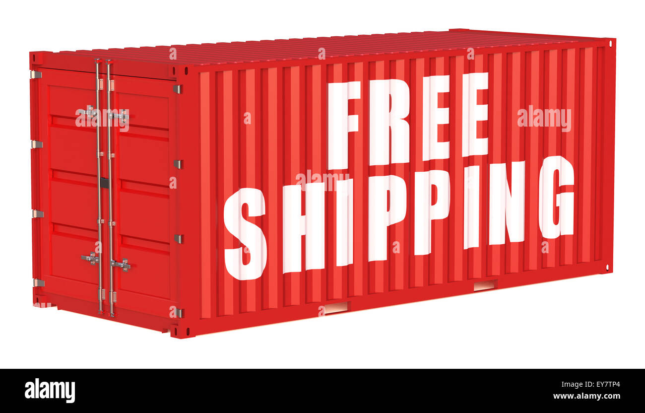 free shipping concept with cargo container isolated on white background ...