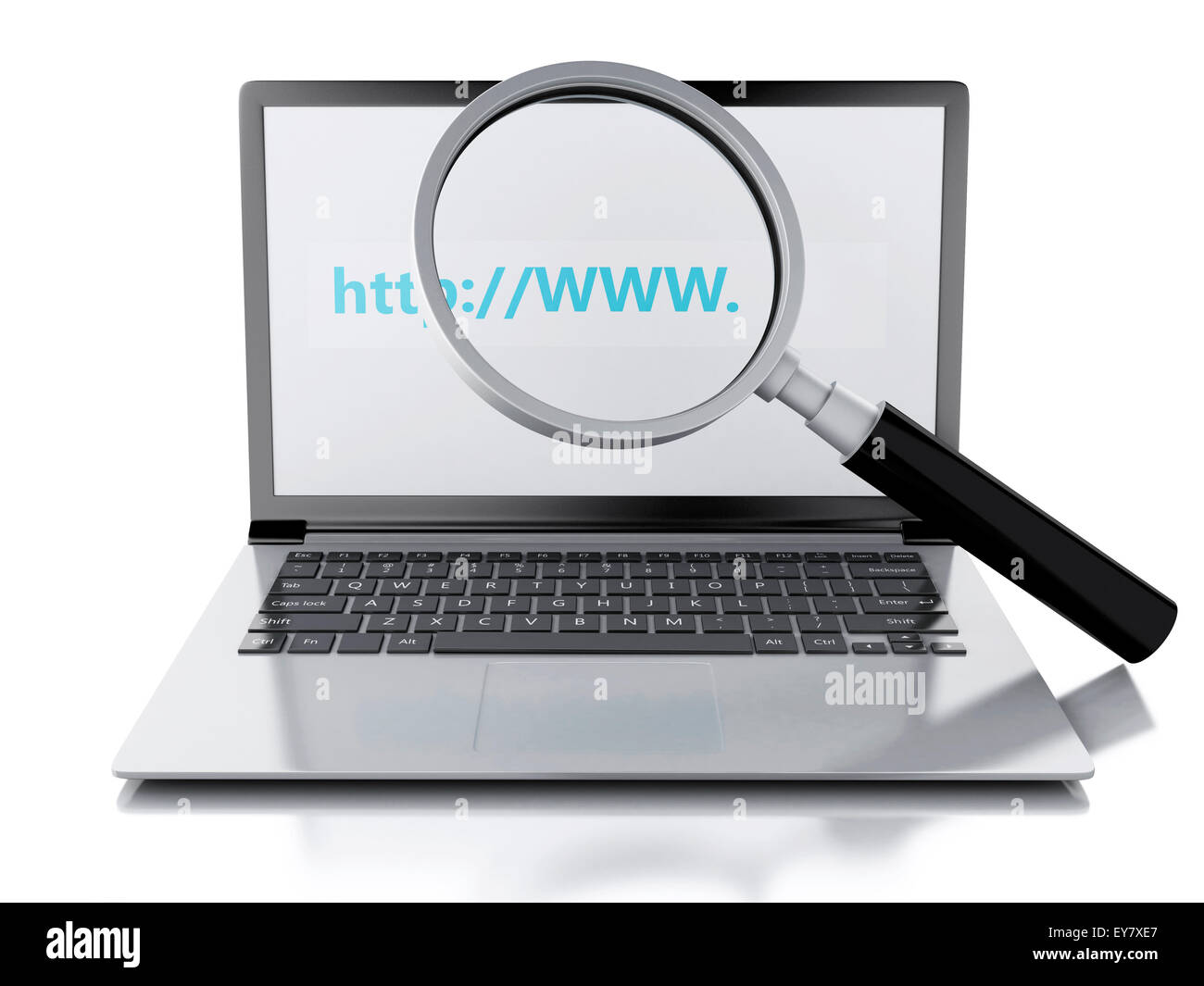 3d image. Web search with magnifying glass on laptop pc. Internet ...