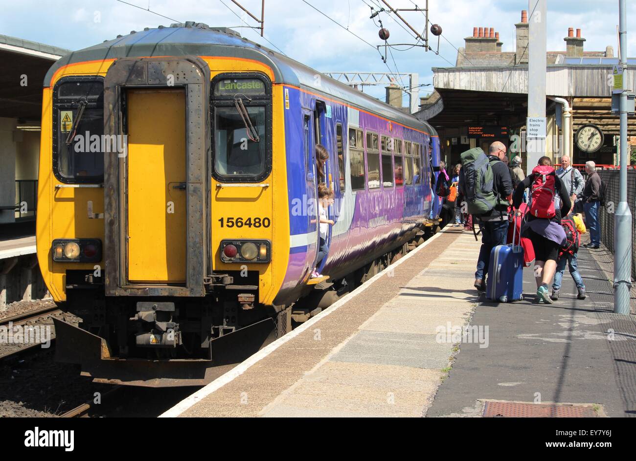 Diesel multiple unit at Carnforth station. Dmu is in Northern livery ...