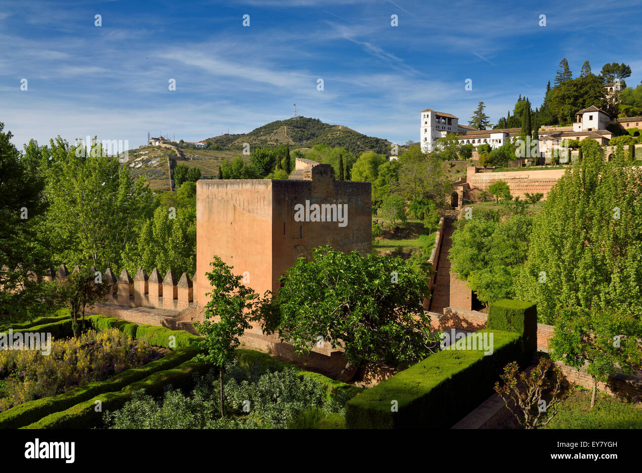 Alhambra Tower of the Judge on fortified wall with Medieval accessway ...