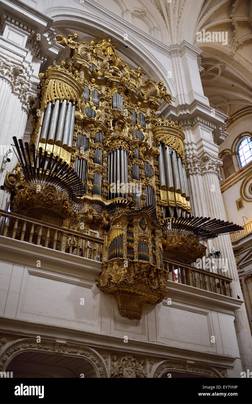 Gold leaf and horizontal trumpets on Pipe organ of the Granada ...