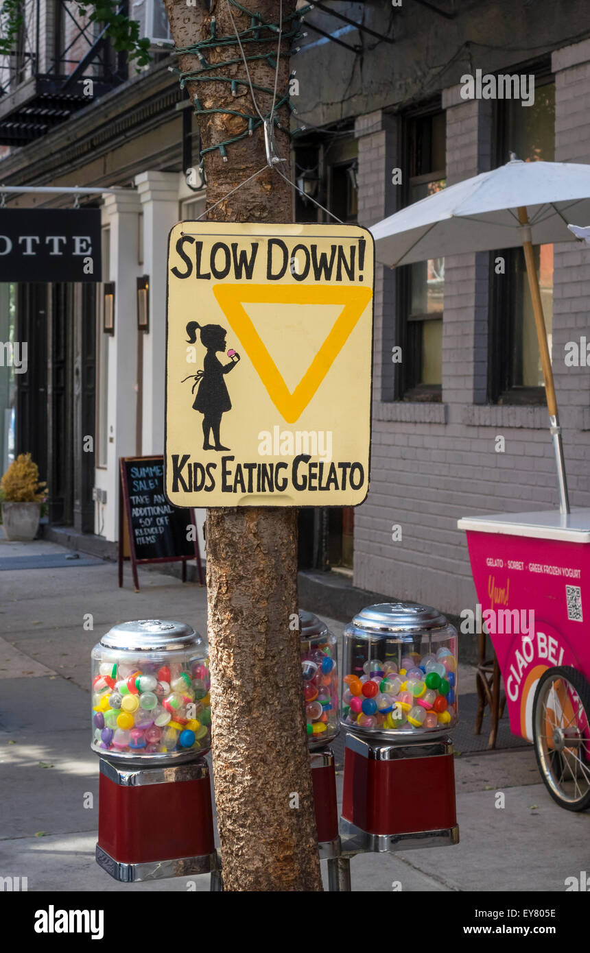 An amusing warning sign outside a store in Nolita selling Gelato Stock ...