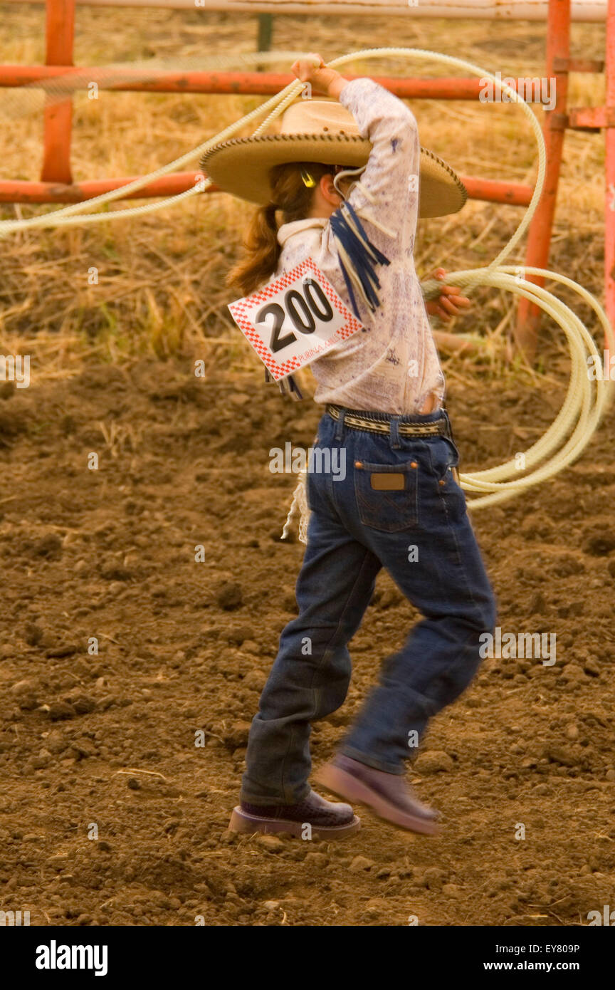 Cowgirl twirling rope, Hells Canyon Jr. Rodeo, Halfway, Hells Canyon ...