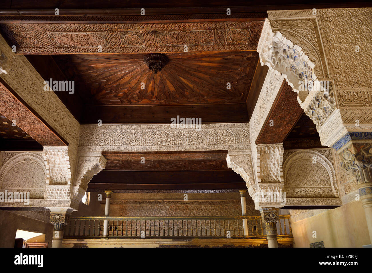 Ornate ceiling and columns of Mexuar throne room in Comares Palace of ...