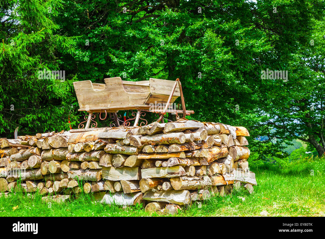 Traditional sledge stored in summer on a pile of wood, Semenic ...