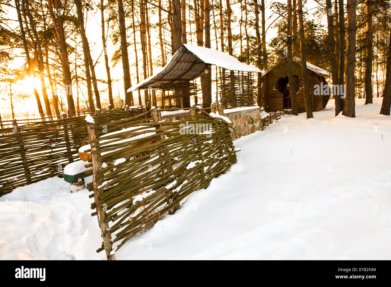 wooden buildings winter Stock Photo - Alamy