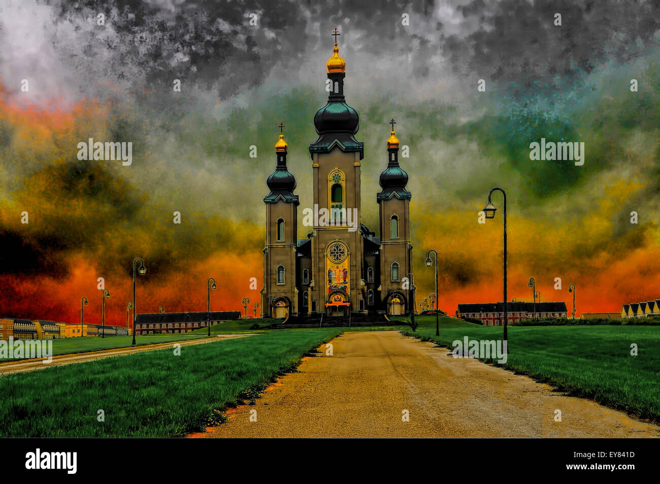Illustrations. Church in red with black clouds sunset bright color ...