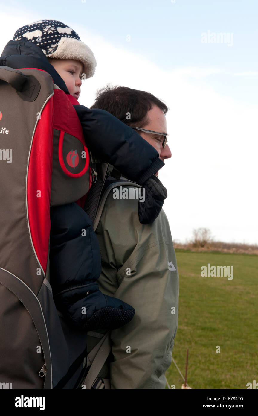 Rear view of a baby in an infant carrier being carried by her father ...